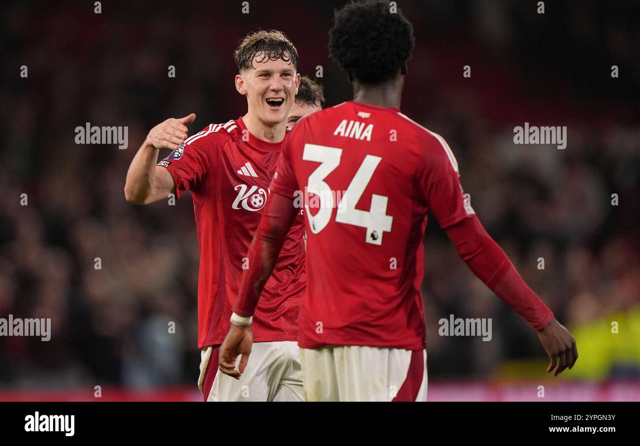 Nottingham Forest's Ryan Yates (right) and Ola Aina celebrate after the ...