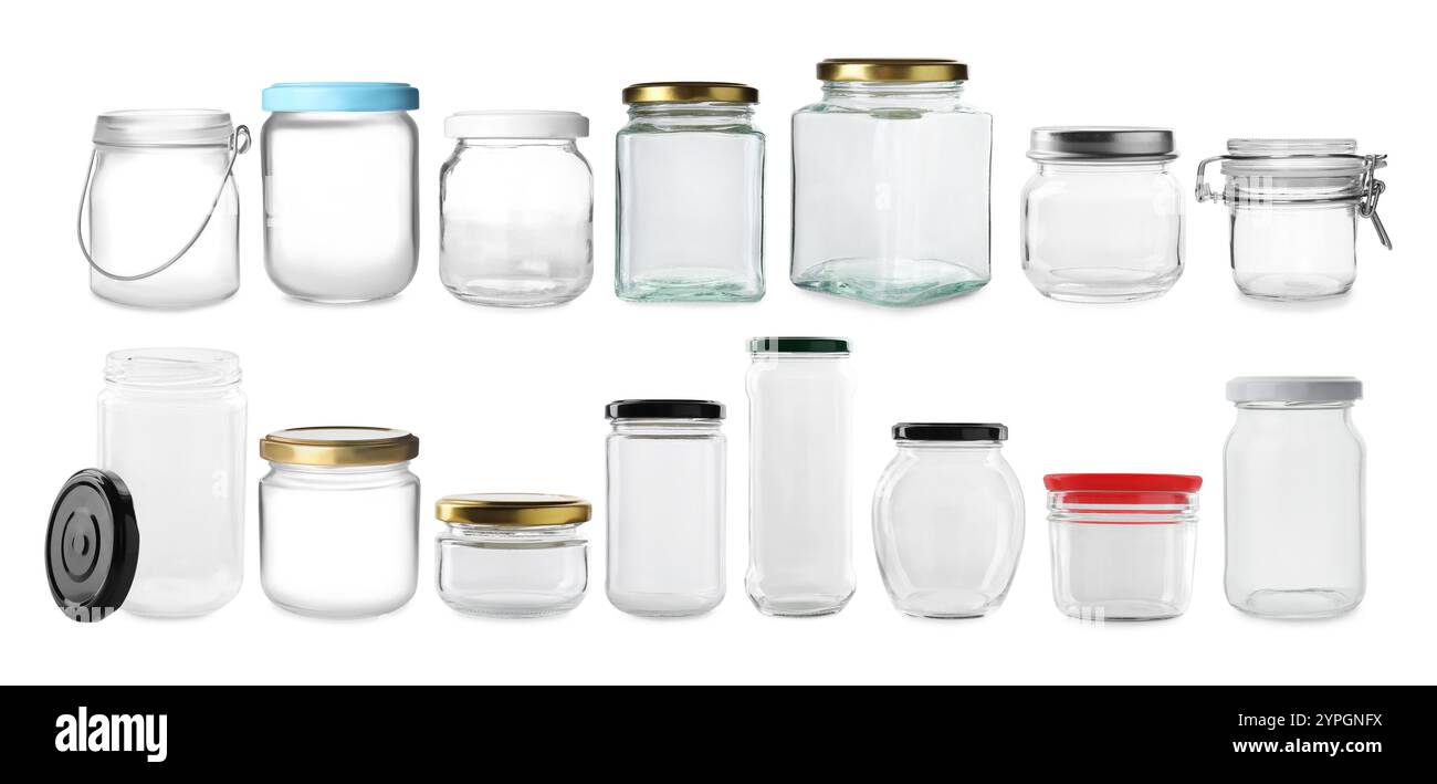 Set of many different glass jars isolated on white Stock Photo - Alamy