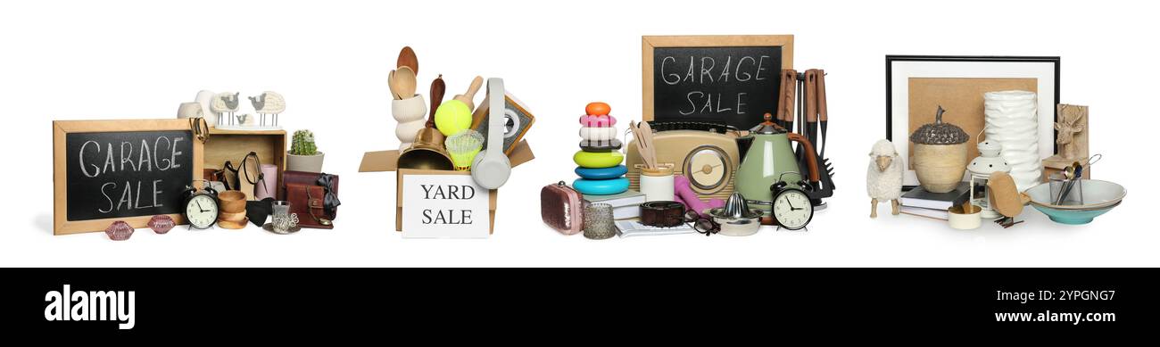 Garage or yard sale. Different stuff isolated on white, set Stock Photo ...