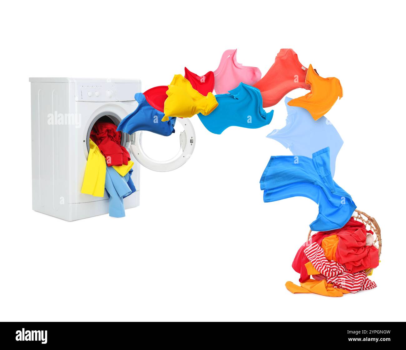 Clean colorful clothes flying out of washing machine into laundry ...
