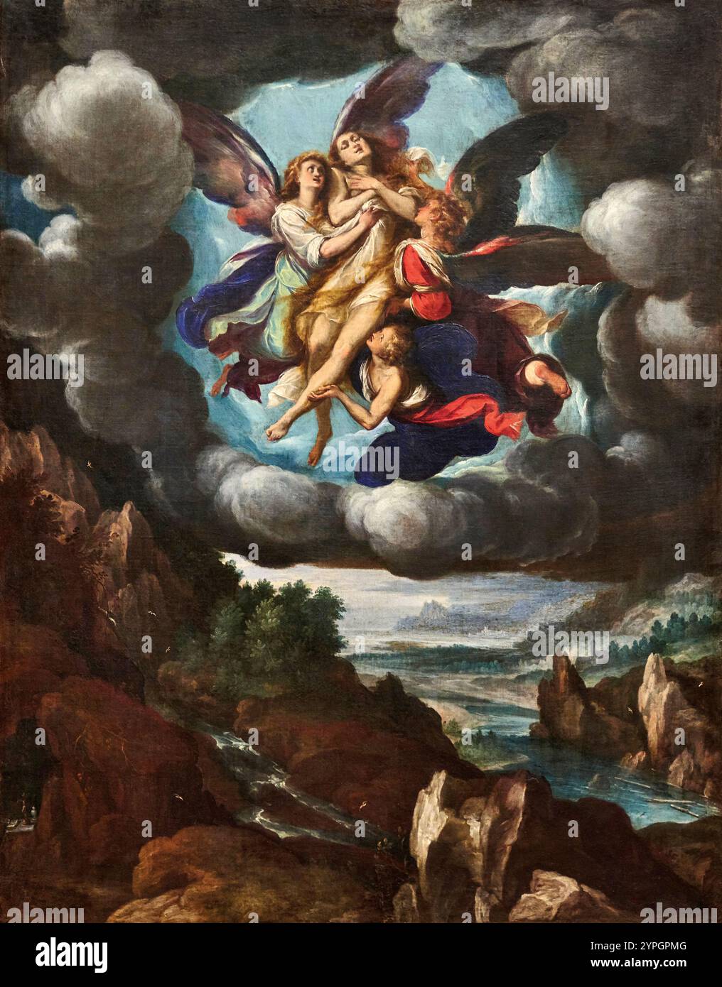 Maddalena condotta in cielo dagli angeli in un paesaggio - olio su tela ...