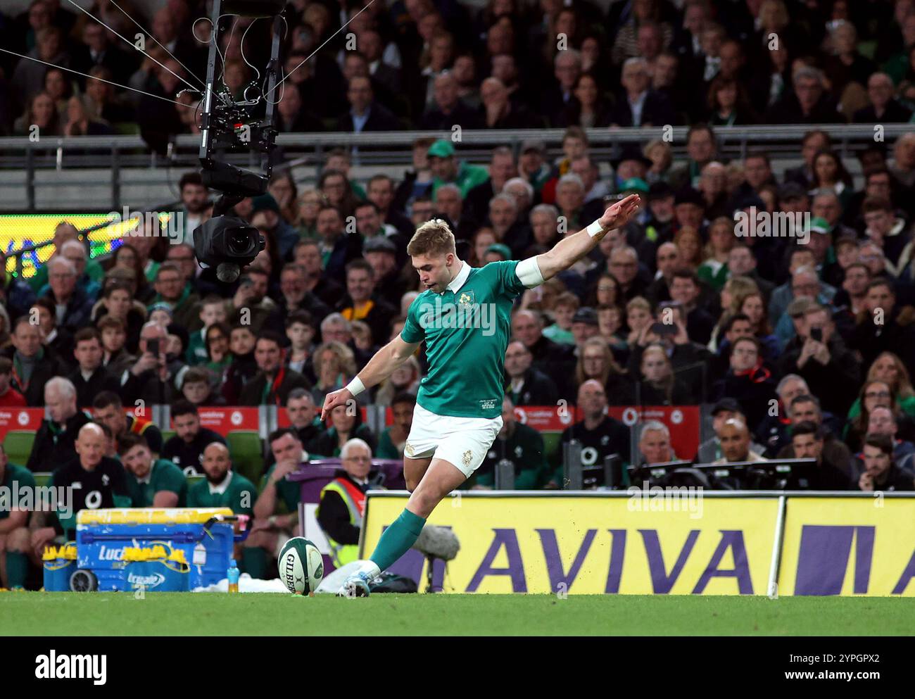 Ireland's Jack Crowley kicks a conversion during the Autumn ...