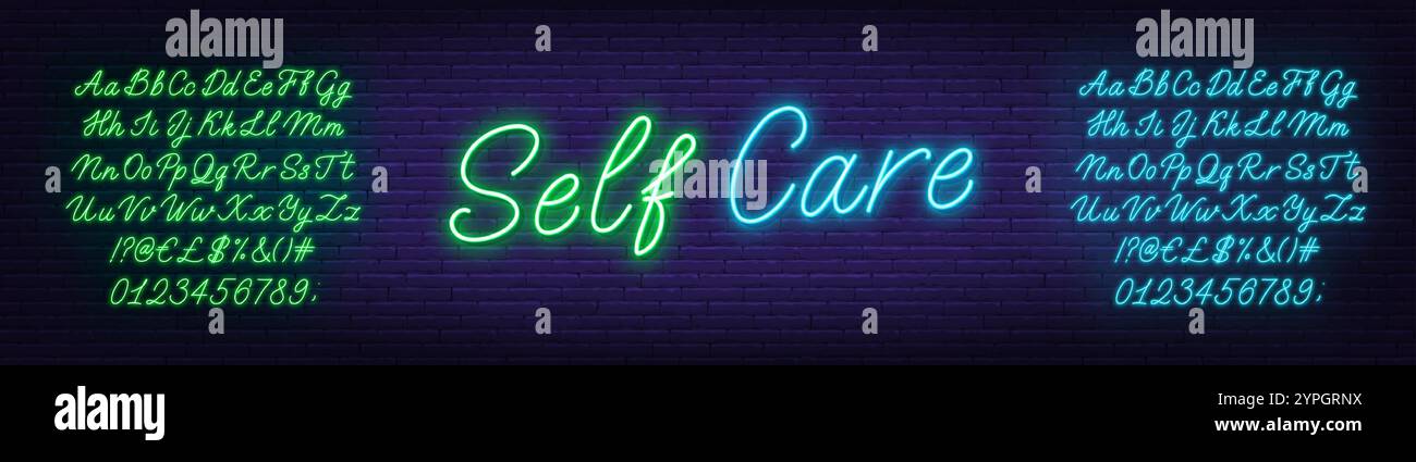 Self Care Neon Sign on brick wall background. Template for text with ...