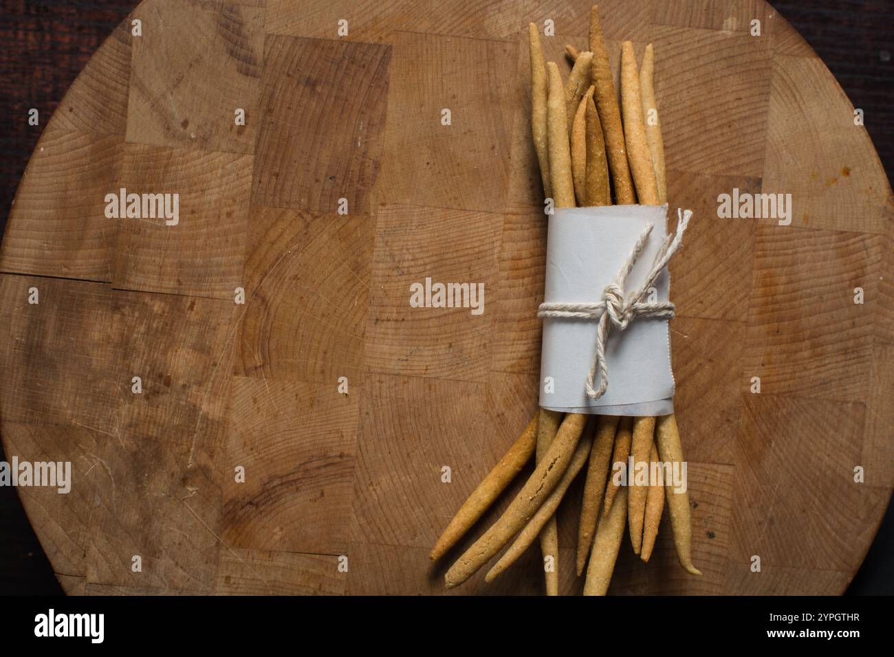 Top view of fried corn stick snack on a wood board, Overhead view of ...