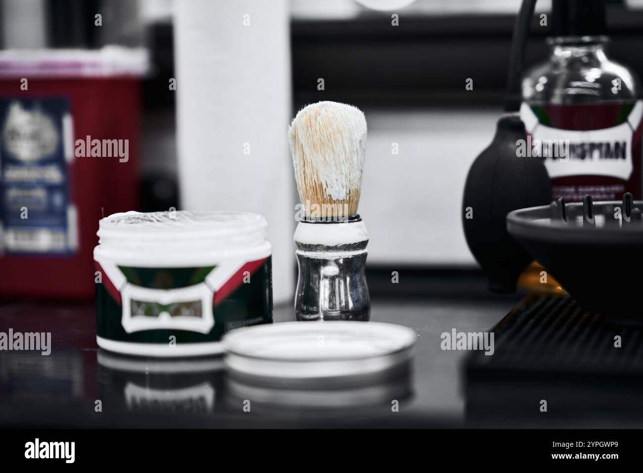 Traditional shaving tools on a countertop in a barber shop Stock Photo ...