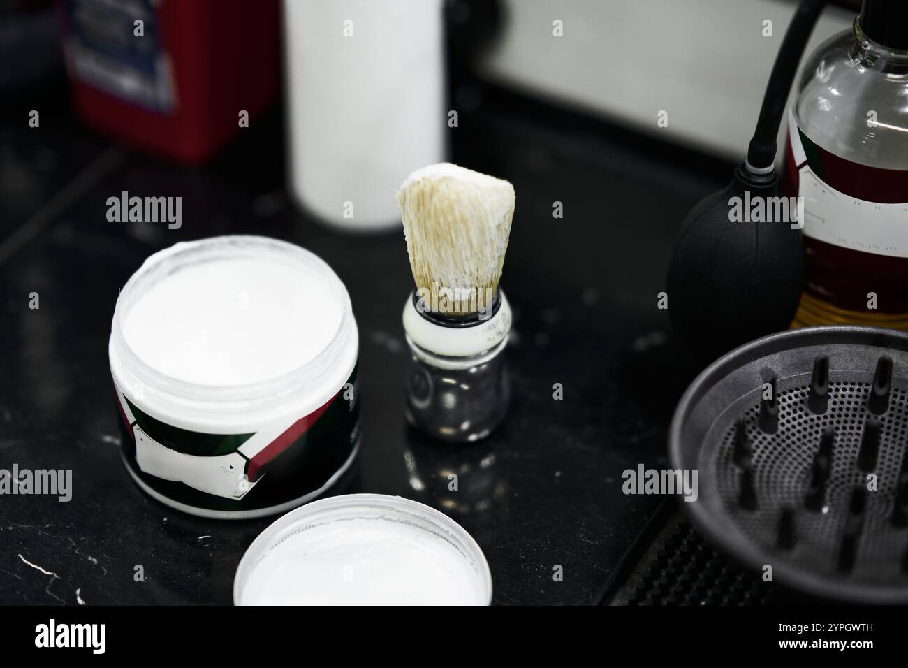 Tools for a classic shaving routine at a barbershop Stock Photo - Alamy