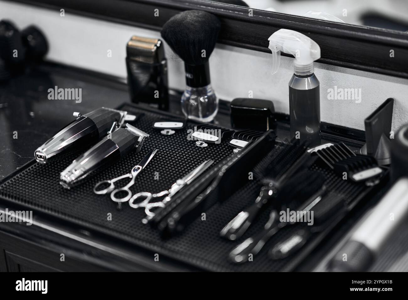 Tools and equipment arranged neatly on a barbers workstation for ...