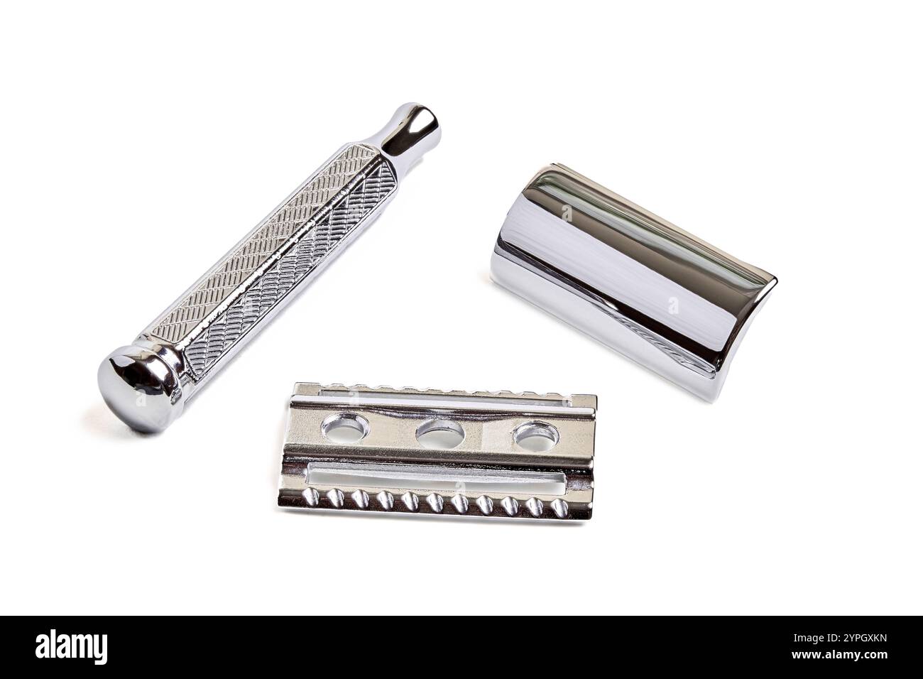 Three piece razors details top of cutting head, base and handle. Safety ...