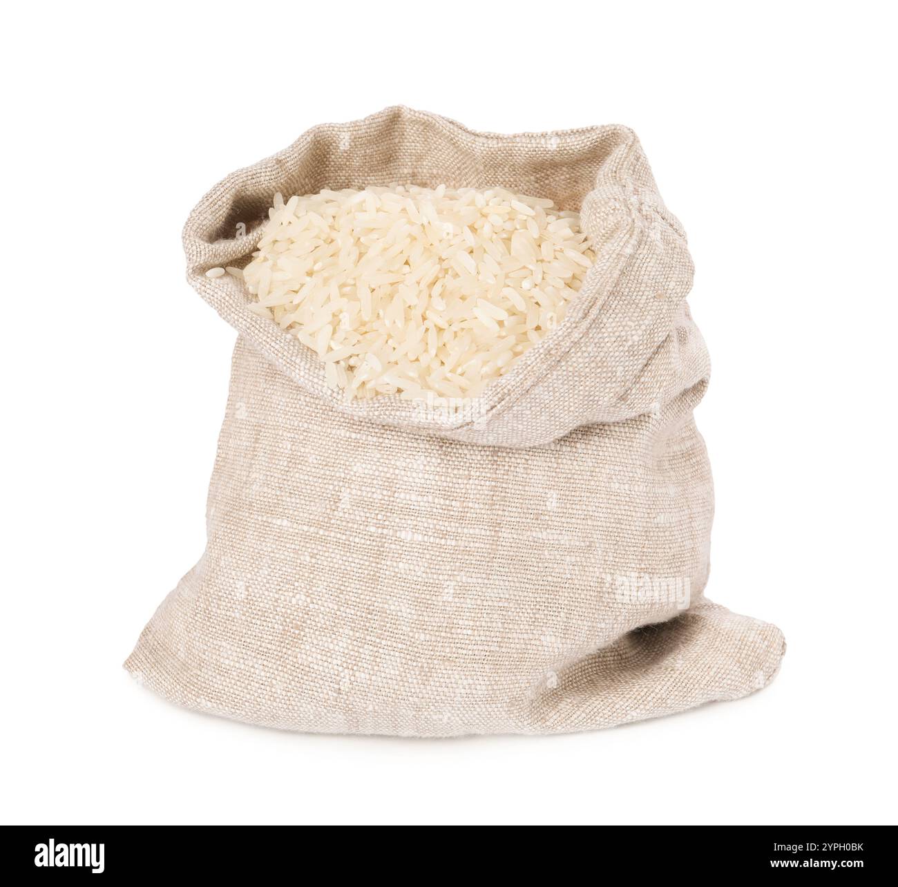 Raw rice in sack isolated on white Stock Photo - Alamy