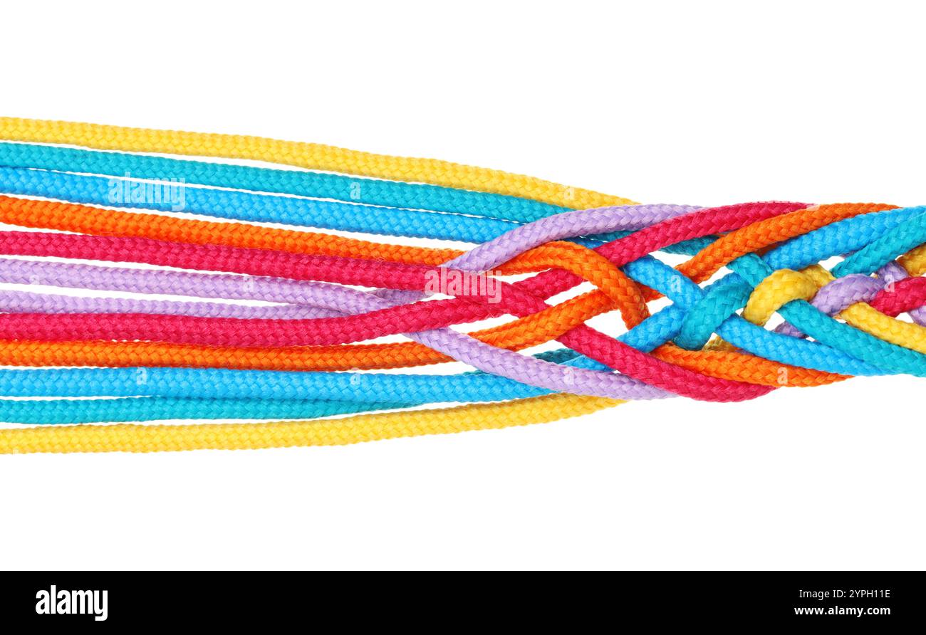 Colorful ropes tied together isolated on white, top view. Unity concept ...