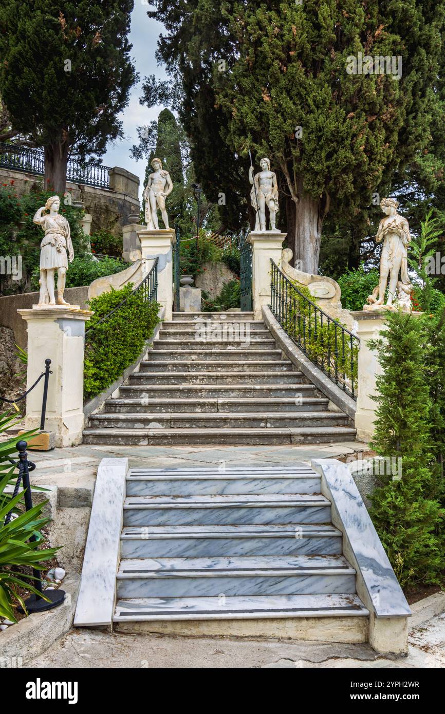Statues on steps at the Achilleion palace in Gastouri, Corfu island in ...