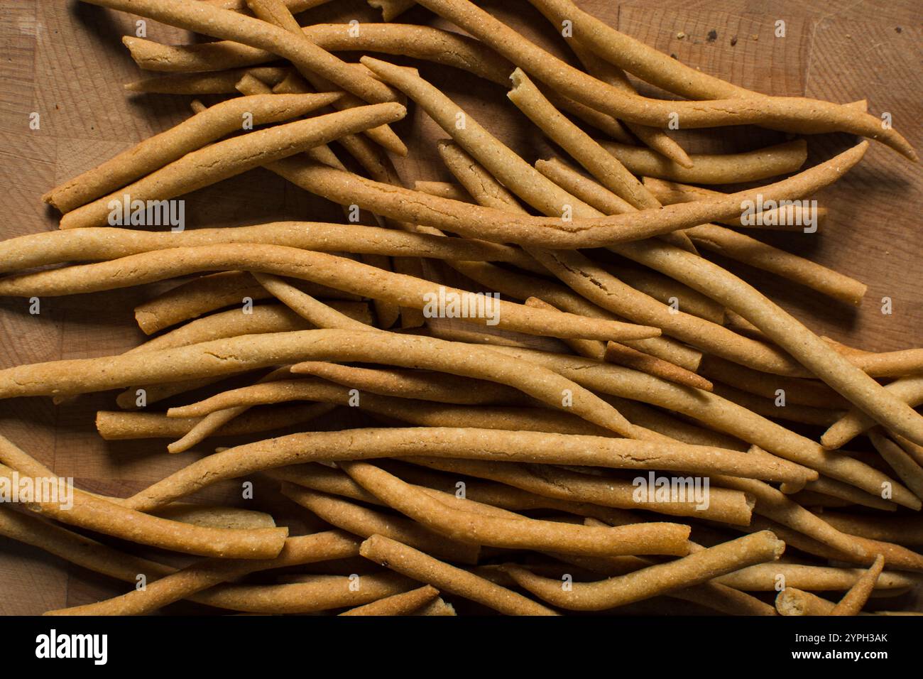 Top view of fried corn stick snack on a wood board, Overhead view of ...