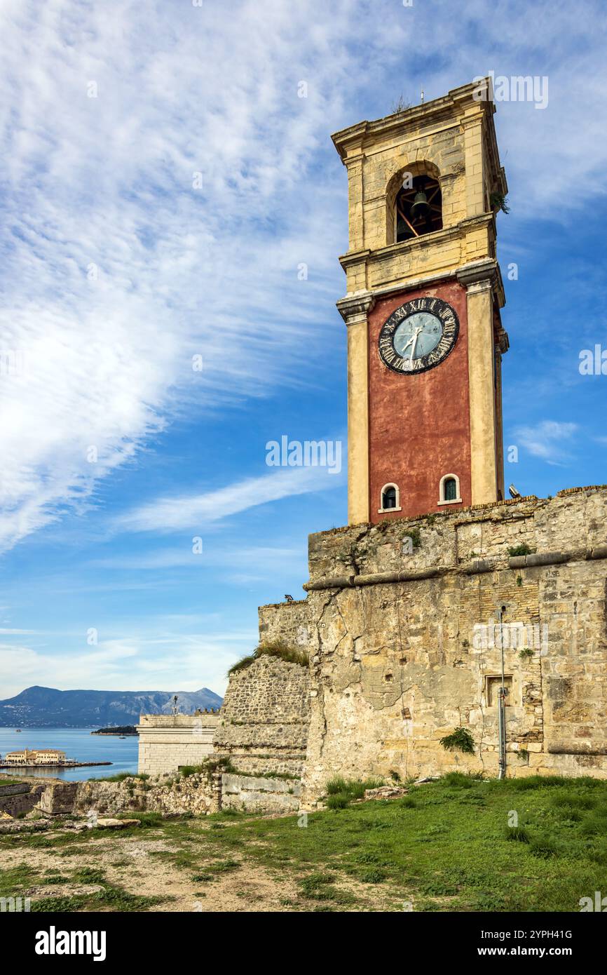 Clock tower and stone walls at Old Venetian Fortress in Kerkyra, Corfu ...