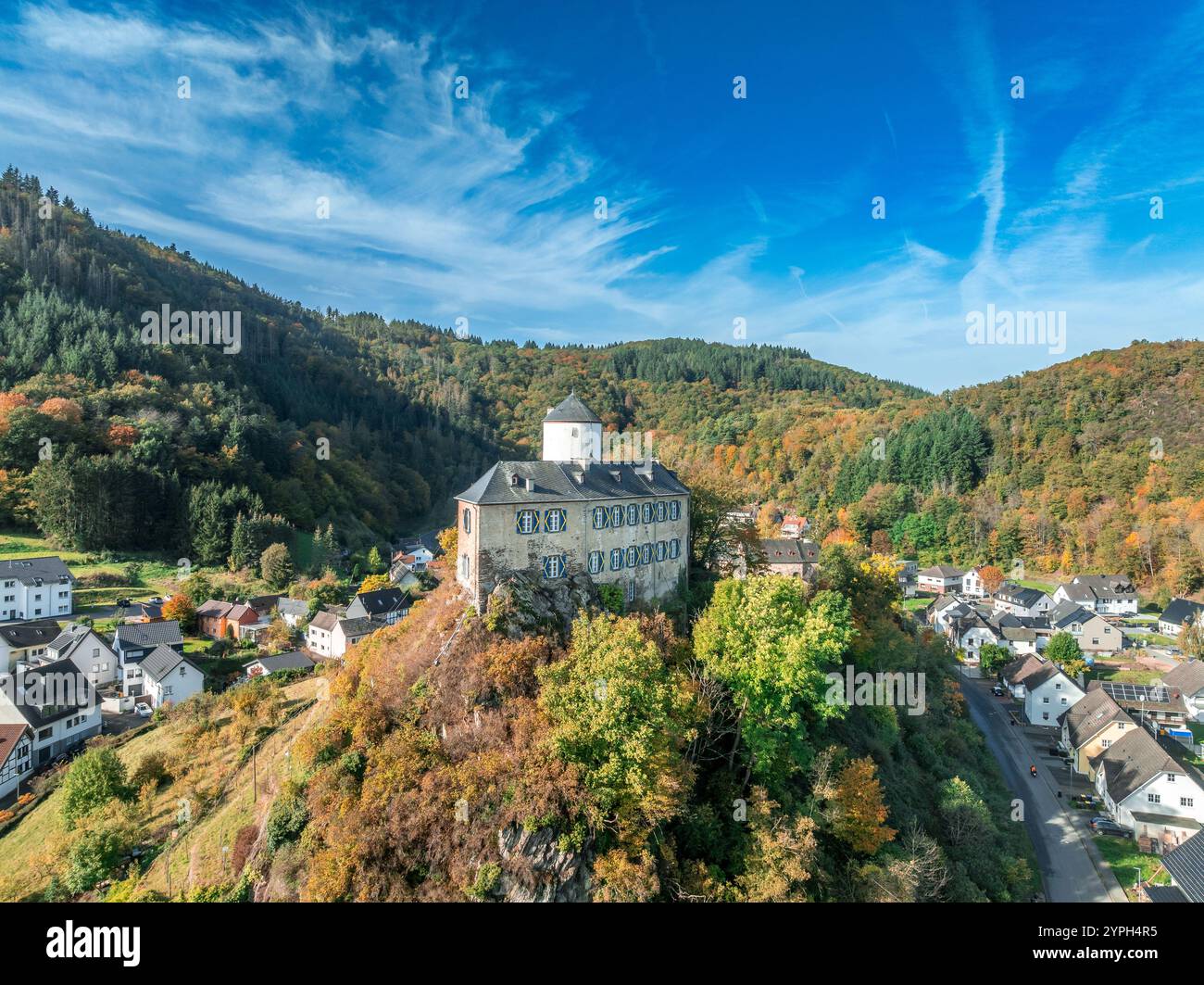 Aerial view of Kreuzberg castle in Altenahr Germany with Baroque palace ...