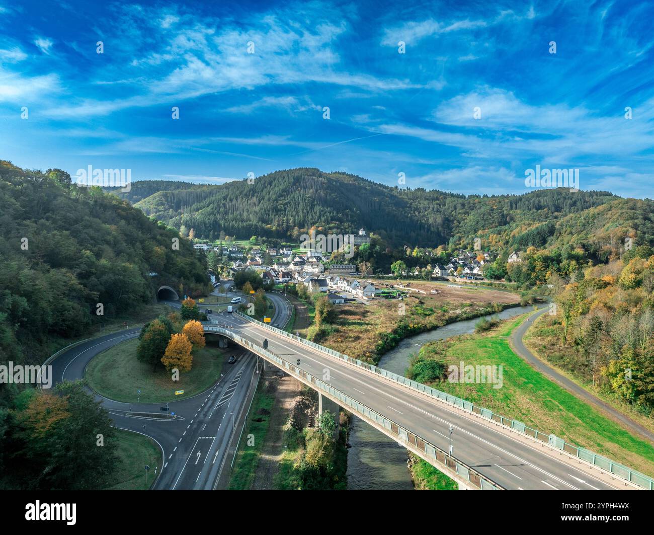 Aerial view of German intersection, exit ramp of a highway at Altenahr ...