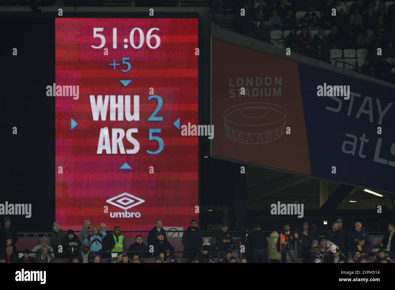 LONDON, UK - 30th Nov 2024: The scoreboard shows the half-time score of ...