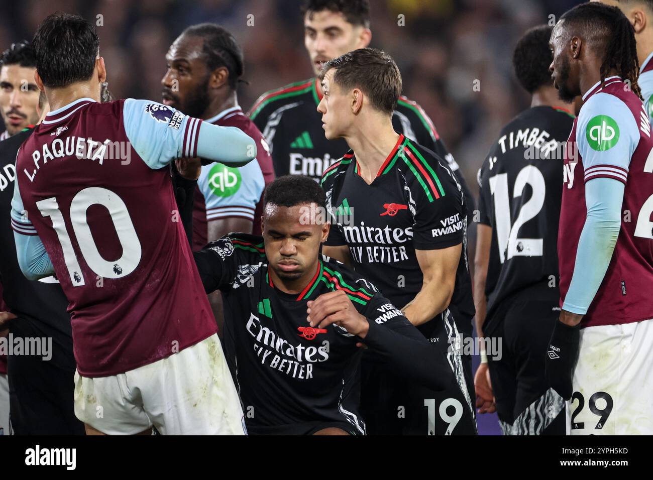Gabriel of Arsenal with bump on his head after Łukasz Fabiański of West ...