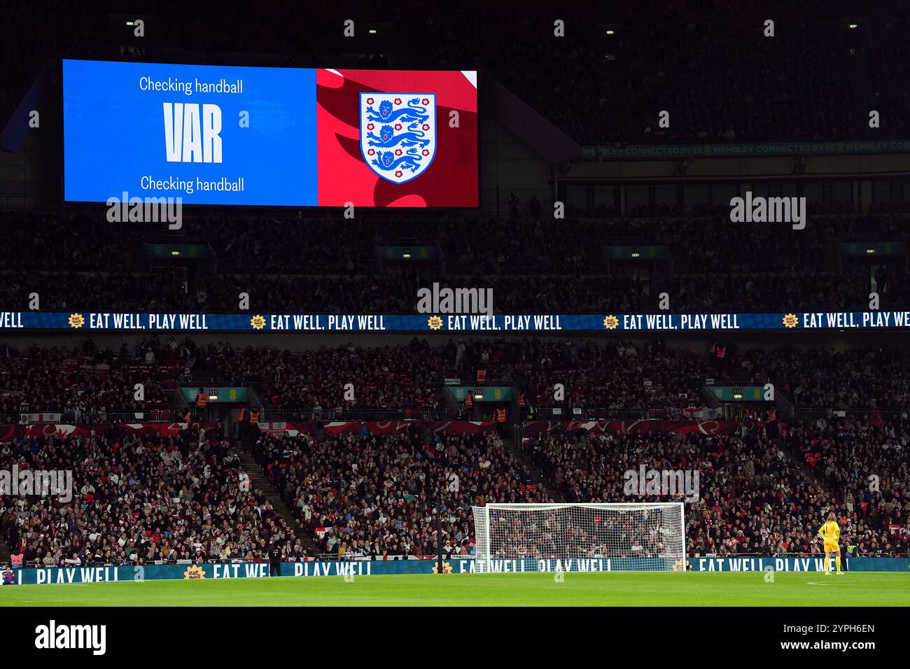 The big screen displays a VAR check for a handball against England's ...