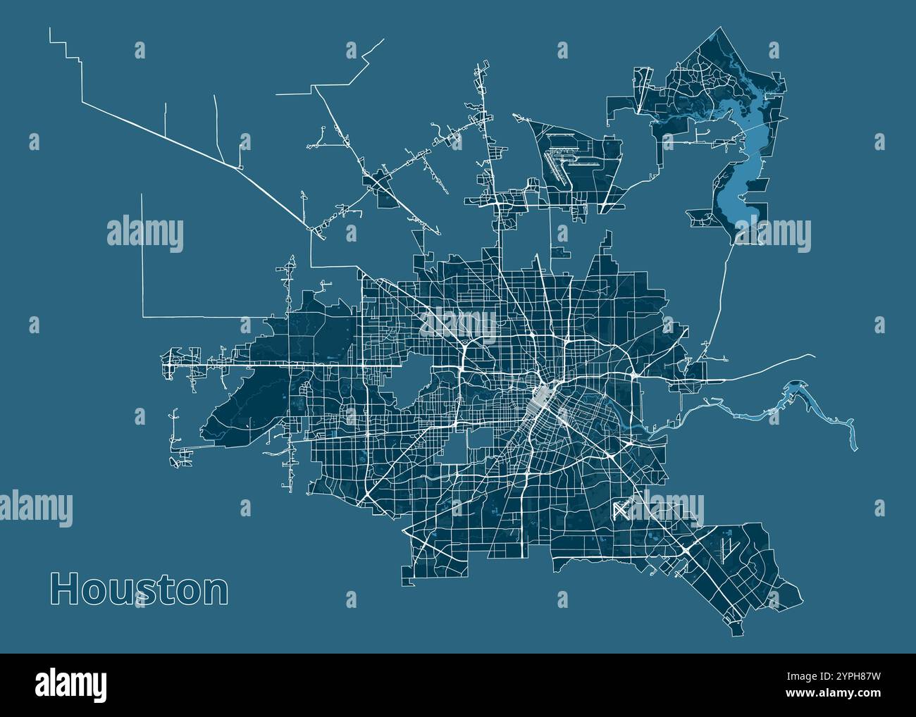 The image depicts a detailed map of Houston, Texas, rendered in a ... The image depicts a detailed map of Houston, Texas, rendered in a ...