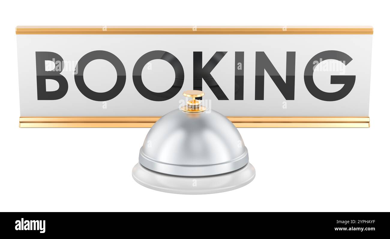 Booking, concept. Reception bell with desk plate, 3D rendering isolated ...