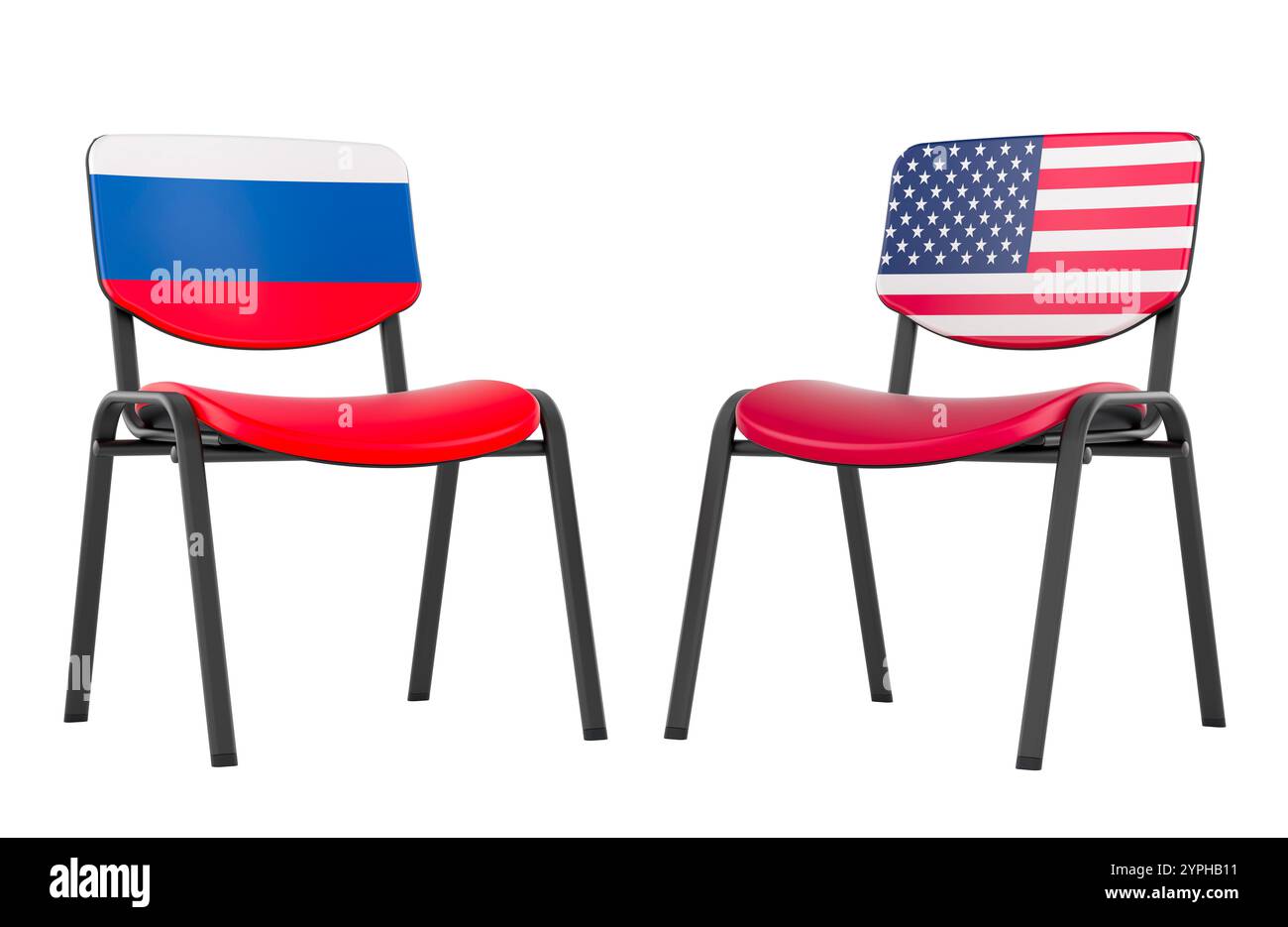 Russian-USA Dialogues, concept. Two chairs with flags of the United ...