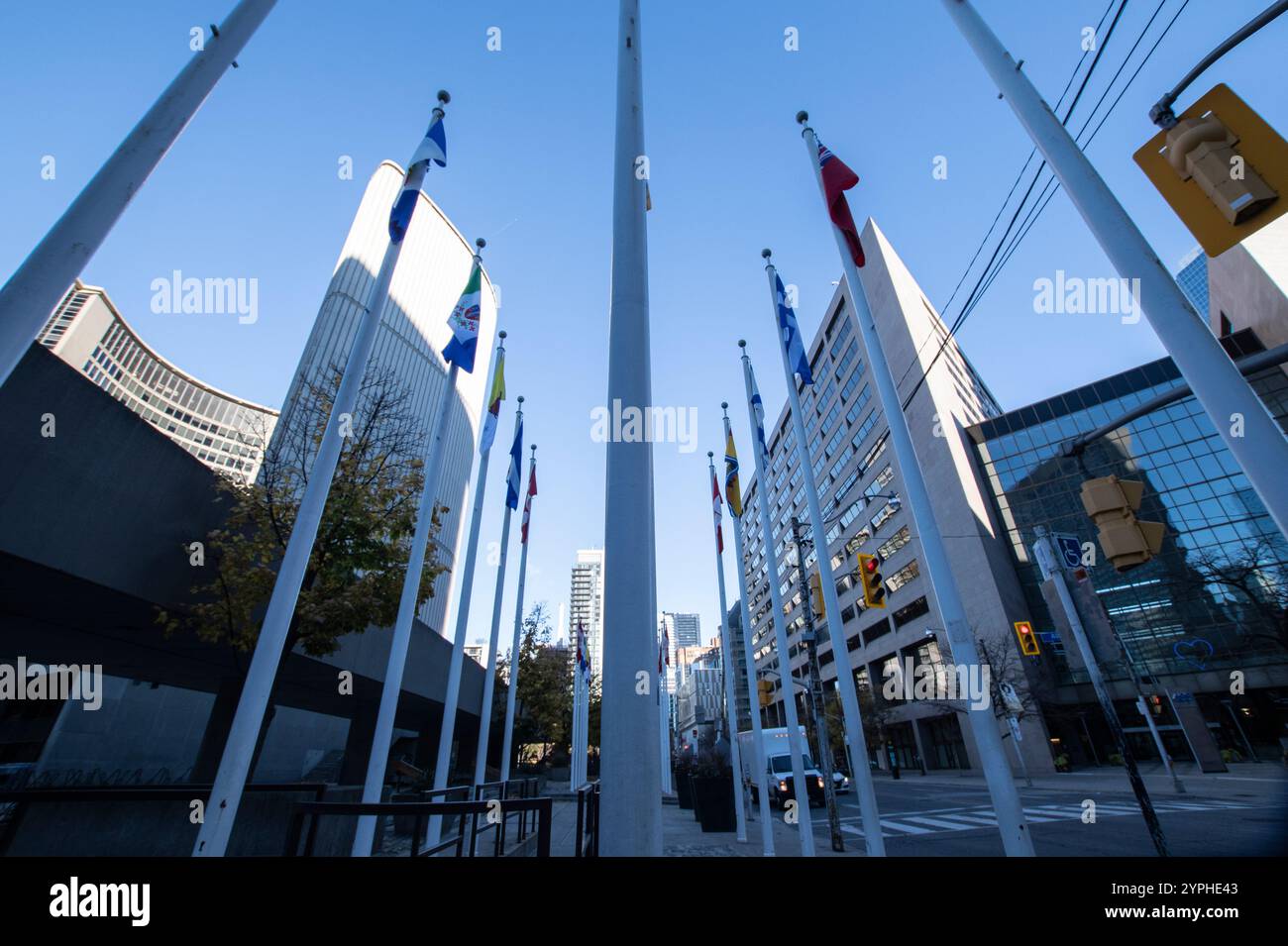 Flags at Nathan Phillips Square on Bay Street in downtown Toronto ...