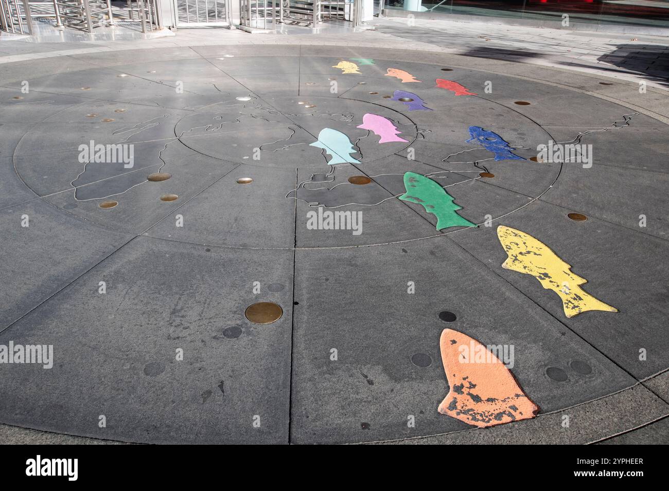 Colorful fish mural on the ground by the turnstiles at CN Tower on ...