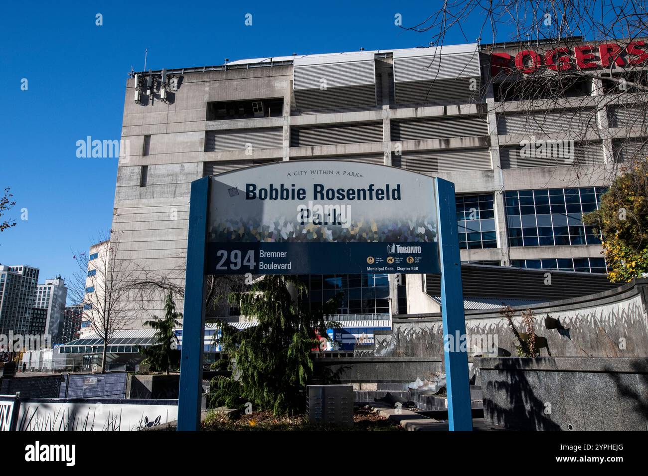 Welcome to Bobbie Rosenfeld Park sign on Brenner Boulevard in downtown ...