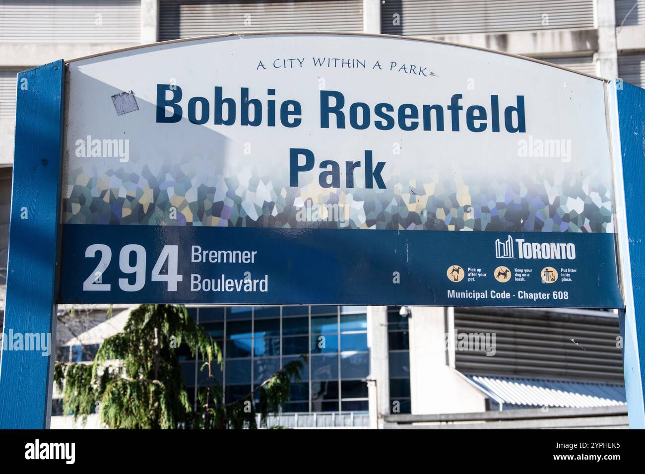Welcome to Bobbie Rosenfeld Park sign on Bremner Boulevard in downtown ...