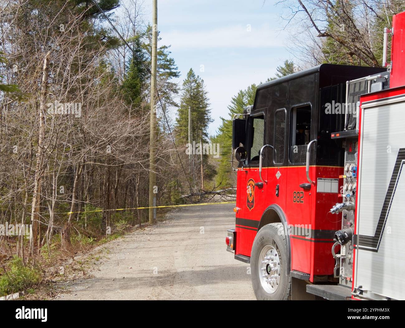 Firetruck blocking a road. Rawdon,Quebec,Canada Stock Photo - Alamy