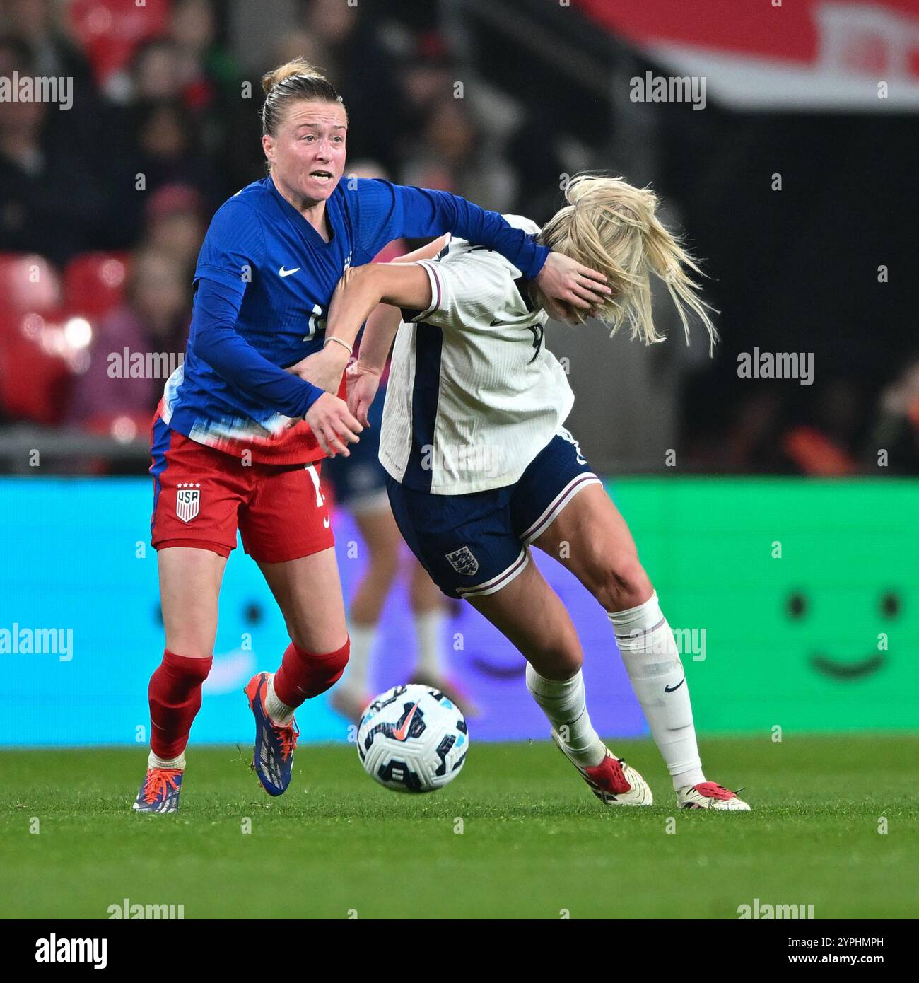 Emily Sonnett of USA Women puts a physical challenge on Alessia Russo ...
