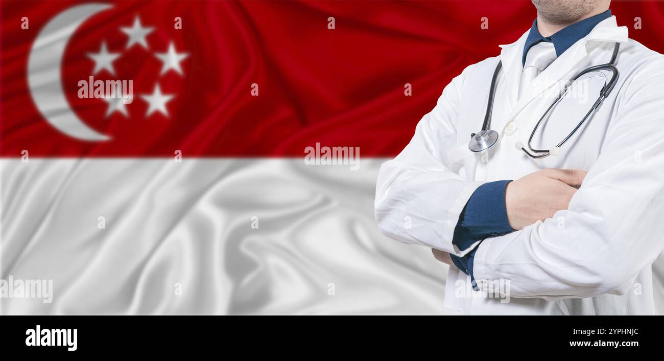Singapore Health and Care concept. Male doctor on Singapore flag ...