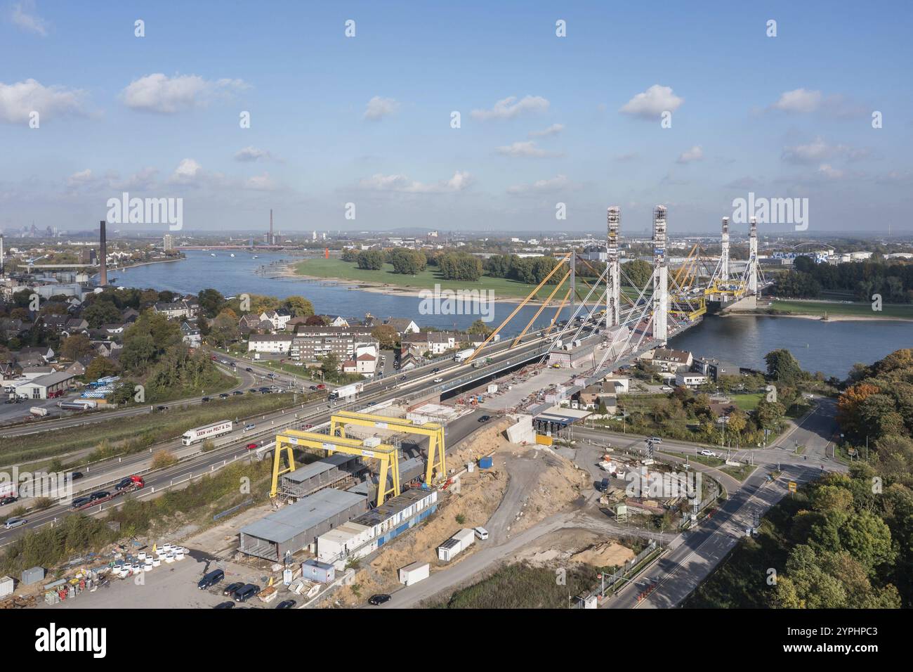 Construction of a new motorway bridge over the Rhine river, in North ...