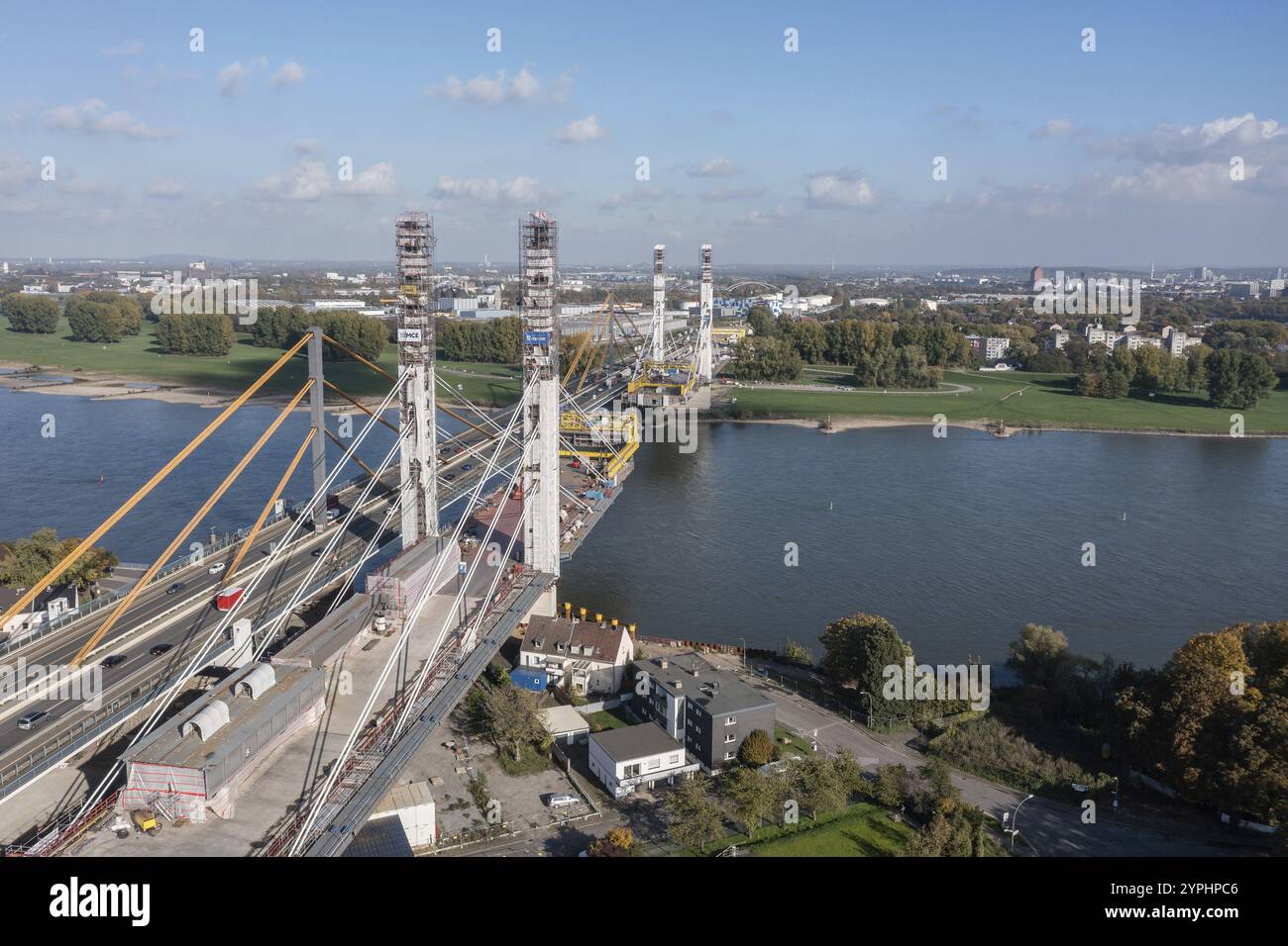 Construction of a new motorway bridge over the Rhine river, in North ...