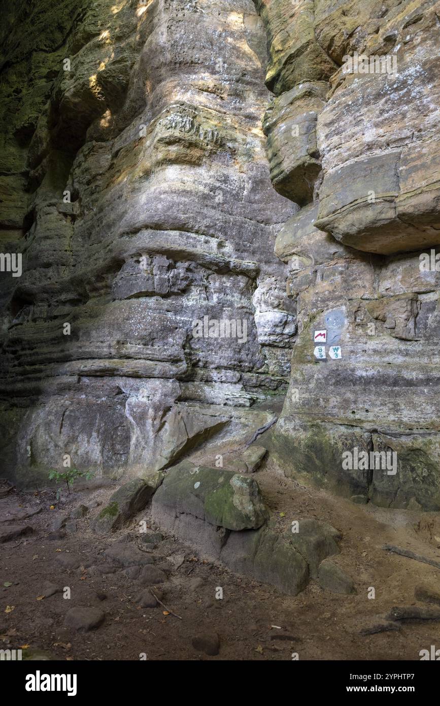 Hiking trail in sandstone cliffs, Mullerthal Trail, Berdorf, Luxembourg ...