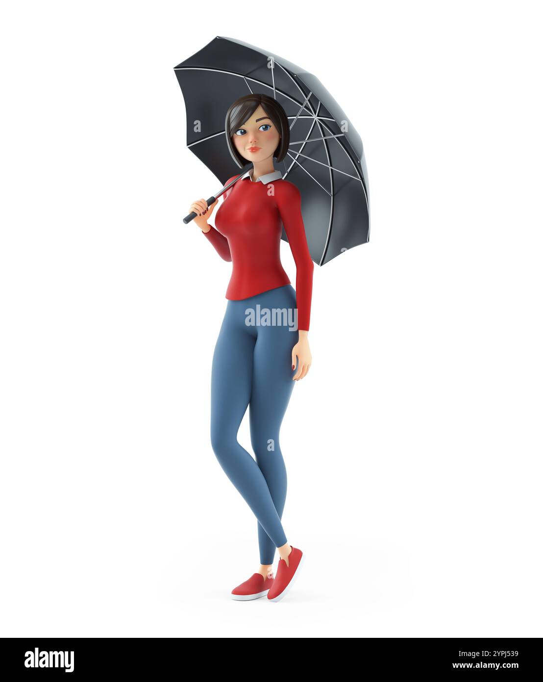 3d casual girl with an umbrella, illustration isolated on white ...