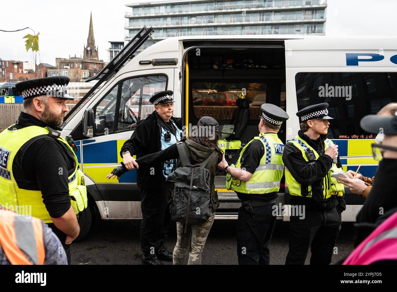 Rotherham, UK. 30th Nov, 2024. A protestor is arrested and brought to a ...