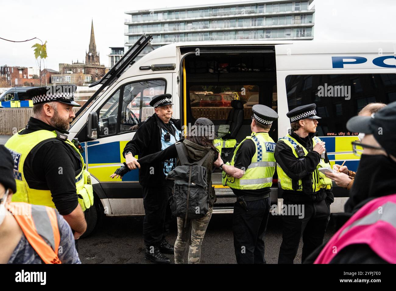 Rotherham, UK. 30th Nov, 2024. A protestor is arrested and brought to a ...