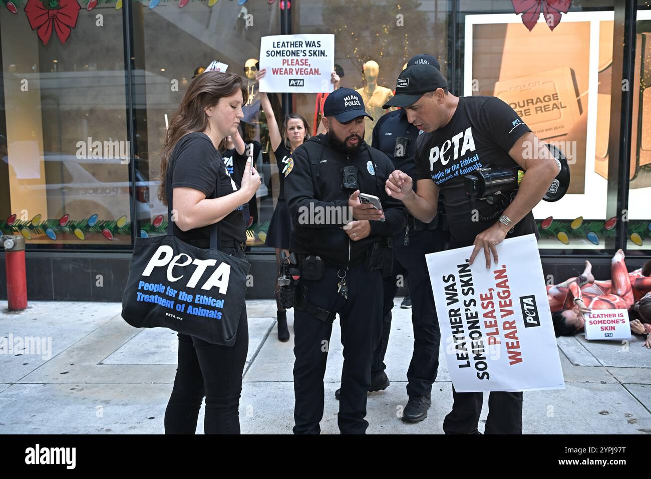 Miami, USA. 29th Nov, 2024. PETA protestors outside the Coach store at ...