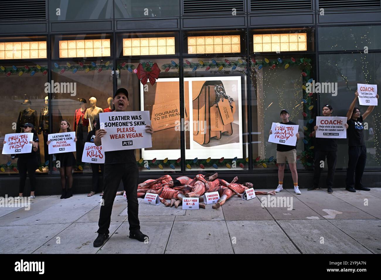 Miami, USA. 29th Nov, 2024. PETA protestors outside the Coach store at ...