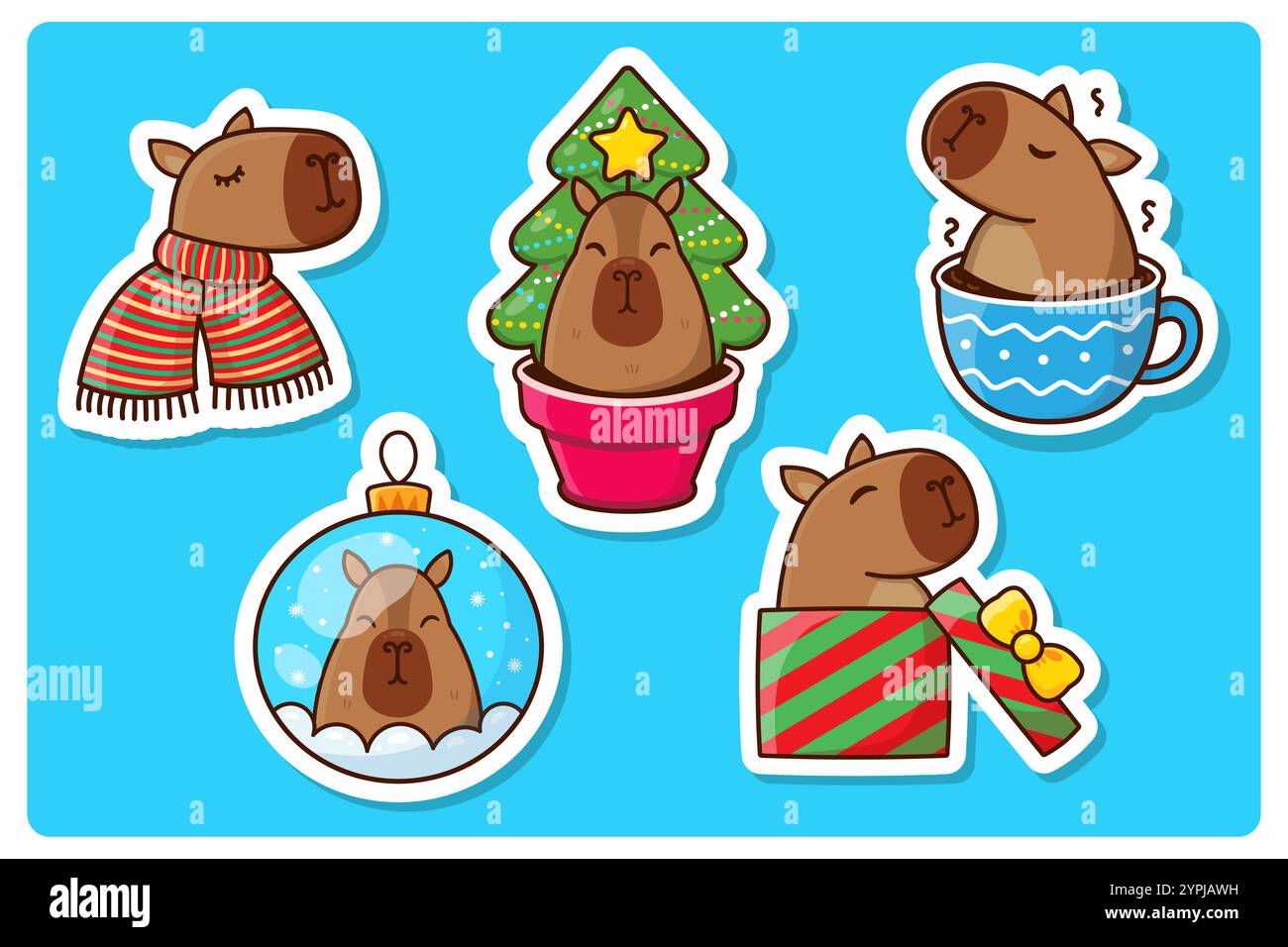 Cute Christmas Capybaras. Sticker Set. Vector Cartoon Illustration ...