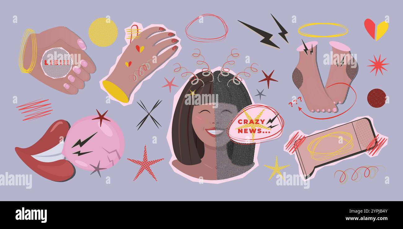 Halftone and color retro pop art stickers set, trendy y2k symbols of ...