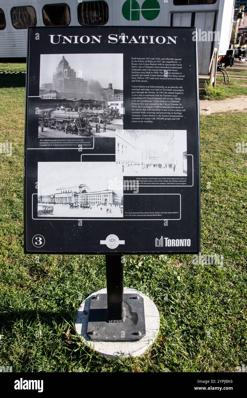Information sign on Union Station at Roundhouse Park on Bremner ...