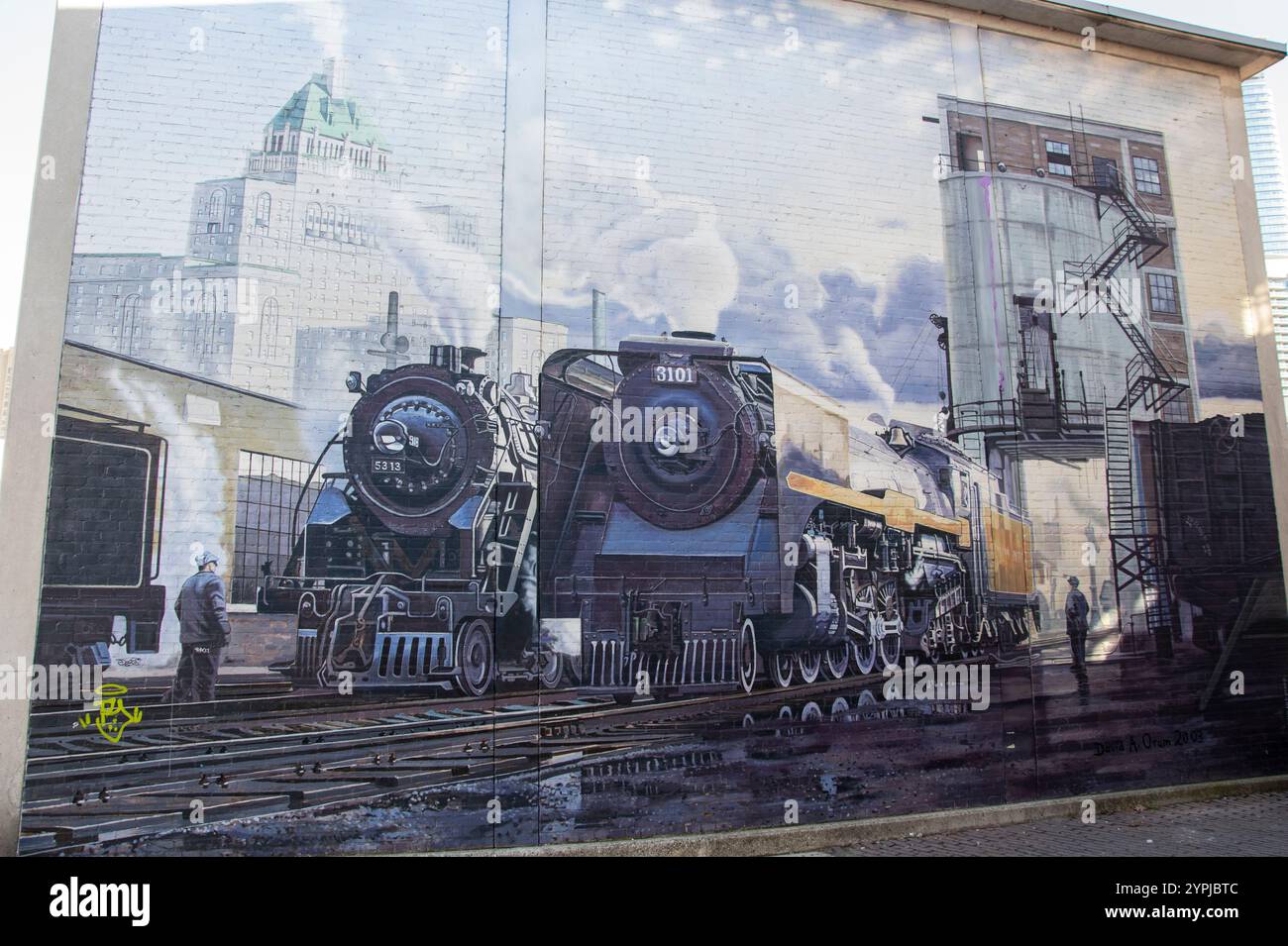 Historic mural of locomotives at the roundhouse at Roundhouse Park on ...