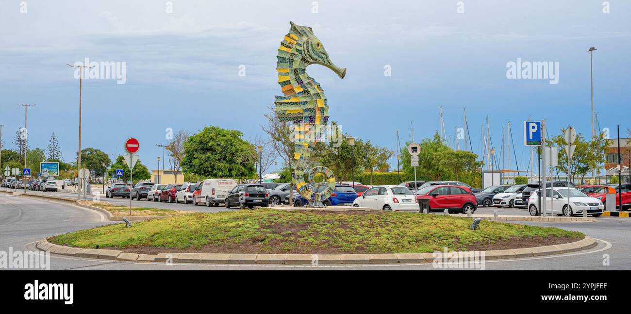 roundabout, seahorse, statue, olho, portugal, seahorse statue, car ...