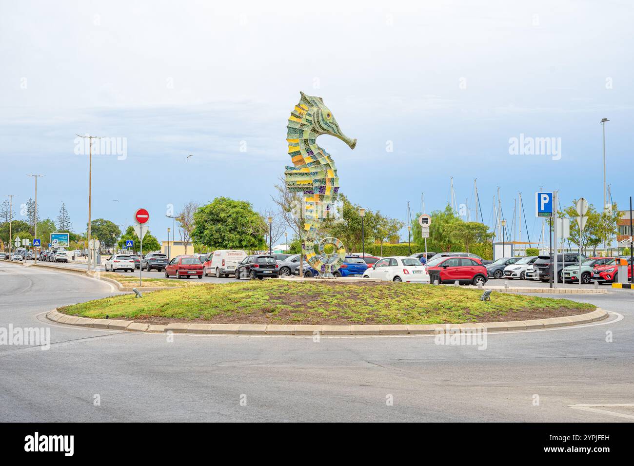 roundabout, seahorse, statue, olho, portugal, seahorse statue, car ...