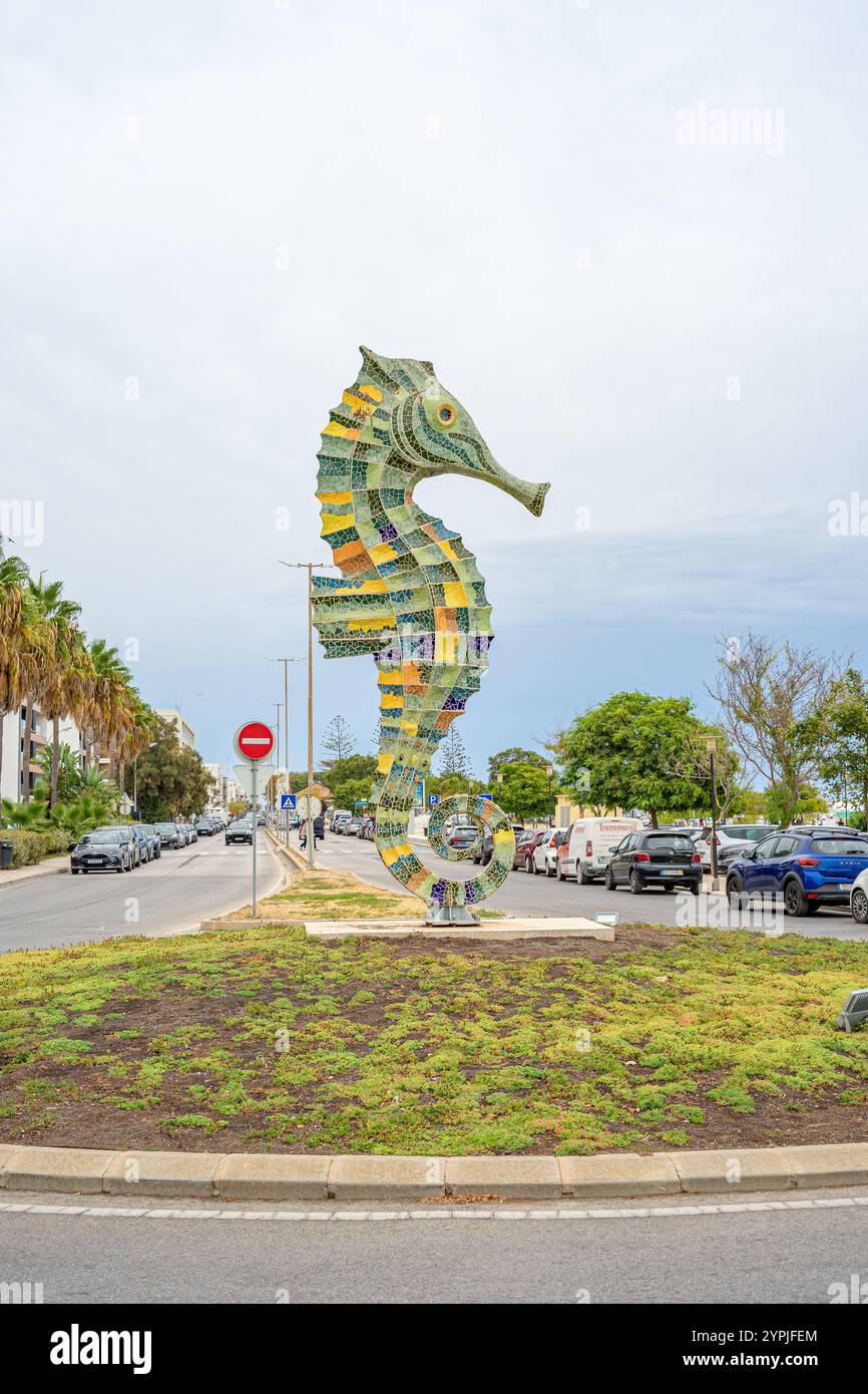roundabout, seahorse, statue, olho, portugal, seahorse statue, car ...
