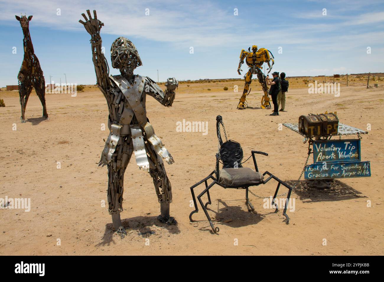 Metal sculptures in a desert landscape near Uyuni, Bolivia, made of ...