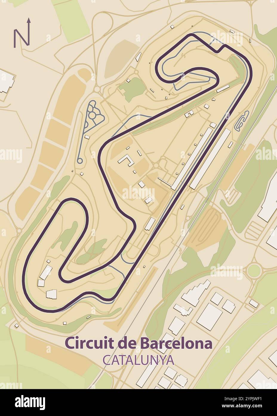 The image depicts a detailed map of the Circuit de Barcelona-Catalunya racetrack, located near ...