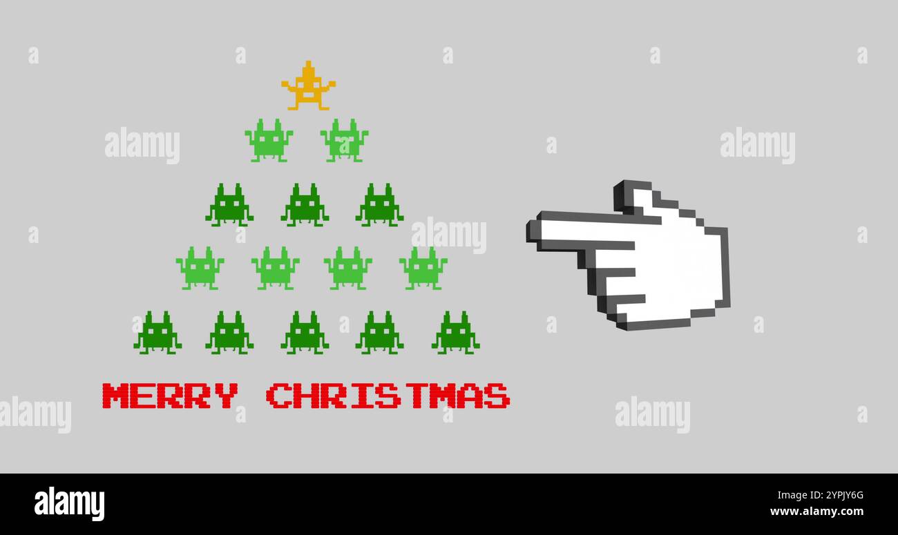 Image of merry christmas text over christmas tree and cursor on grey ...